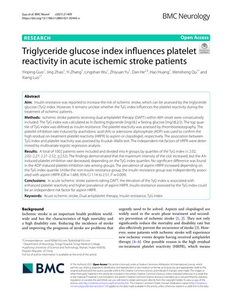 Pdf Triglyceride Glucose Index Influences Platelet Reactivity In Acute Ischemic Stroke Patients