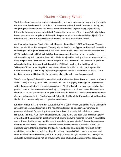 Tort Hunter Essay Hunter V Canary Wharf The Interest And Pleasure Of Land Are Safeguarded By