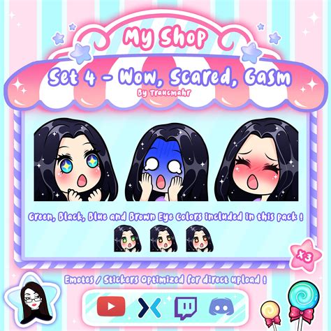Wow Scared Gasm Cute Chibi Black Hair Emotes Pack For Twitch Etsy