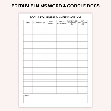 Editable Tool And Equipment Maintenance Log Printable Equipment Repair