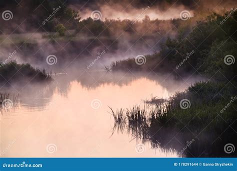 River In The Early Morning At Dawn Delicate Dawn Sky And Fog Rising