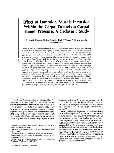Pdf Effect Of Lumbrical Muscle Incursion Within The Carpal Tunnel On Carpal Tunnel Pressure A