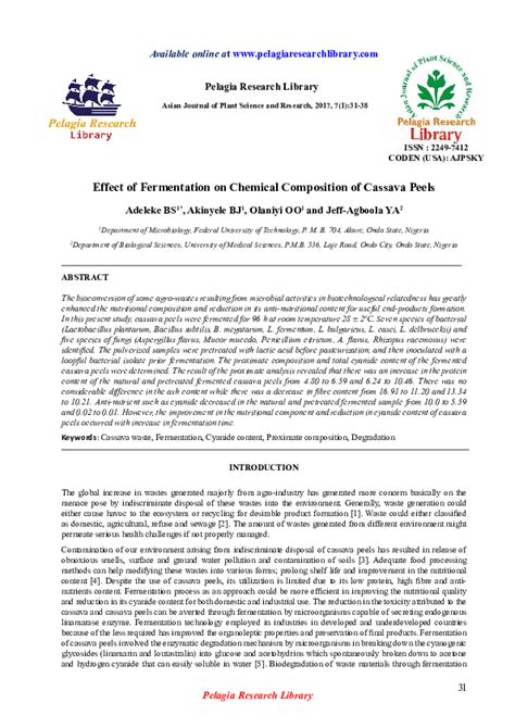 Pdf Effect Of Fermentation On Chemical Composition Of Cassava Peels