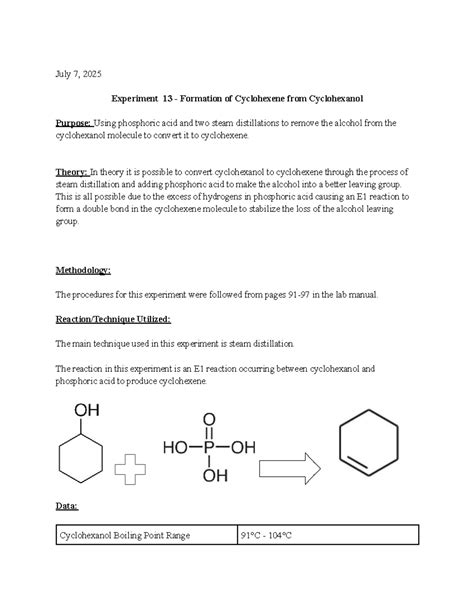 Experiment 13 Formation Of Cyclohexene From Cyclohexanol Lab Report