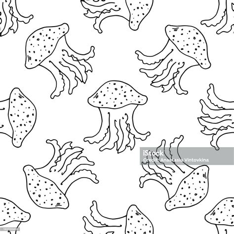 해파리 매끄러운 패턴 짧은 촉수와 점 디자인 템플릿을 위해 흰색 배경에 무작위로 배열 된 고립 된 검은 윤곽선이있는 손으로 그린 해파리의 벡터 패턴 검은색에 대한 스톡 벡터