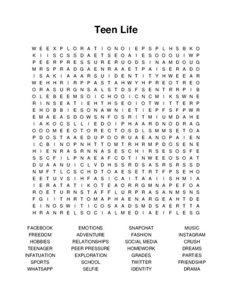 Teen Life Word Search