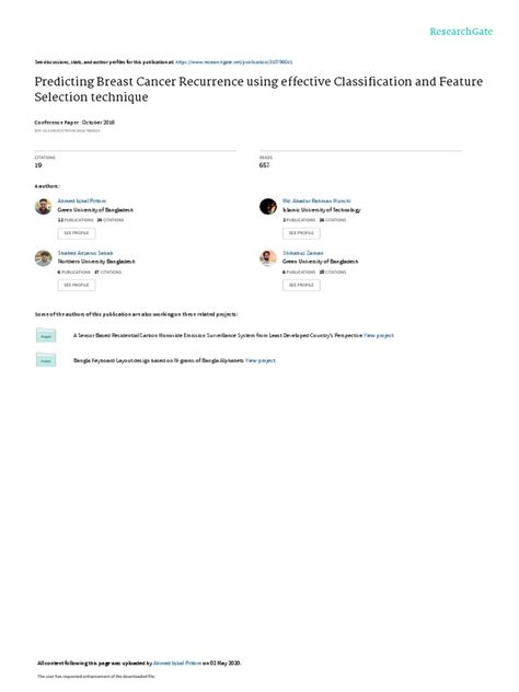 Predicting Breast Cancer Recurrence Pdf Receiver Operating Characteristic Statistical