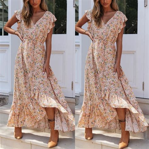 Zjkrl Summer Beach Maxi Dress Women Floral Print Boho Long Dress