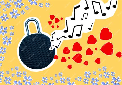 Музыкальный динамик и черные ноты, красные формы любви, идея ...