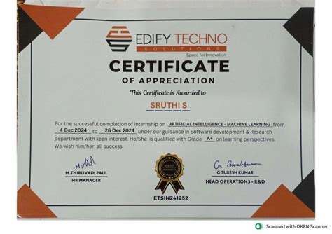 Internship Certificate From Edify Techno Solution Awarded For
