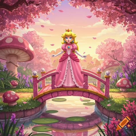 Princess Peach Stands On A Pink Bridge In A Vibrant Pink Fantasy