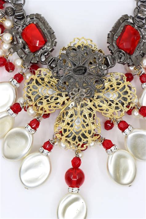 Rare Lawrence Vrba Red Rhinestone Faux Baroque Pearl Necklace And