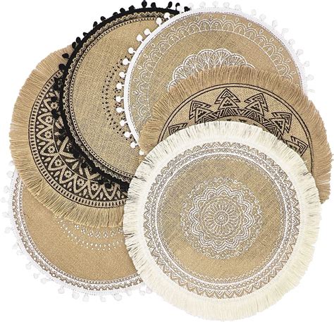 Farship Boho Style Woven Cotton Placemats Set Of 6 Round Burlap Macrame Table Mats For Kitchen