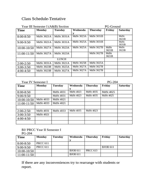 Tentative Class Schedule Year Iii And Iv Pdf