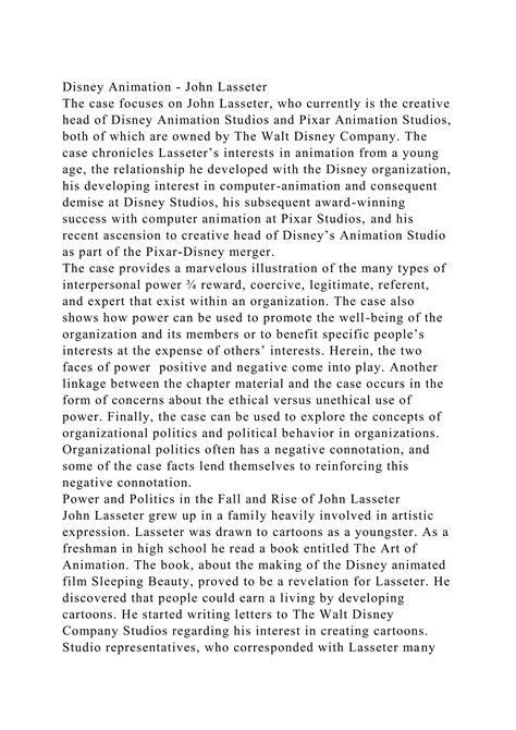 Disney Animation John Lasseterthe Case Focuses On John Lasseter Docx