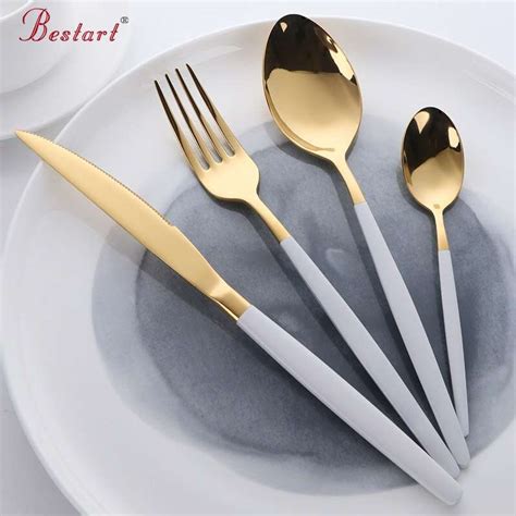 Luxury 16 Piece Stylish Flatware White Handle And Gold Stainless Steel Cutlery Sets Service For