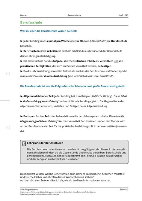 Arbeitsblatt Berufsschule Schulorganisation Sonstige Tutoryde