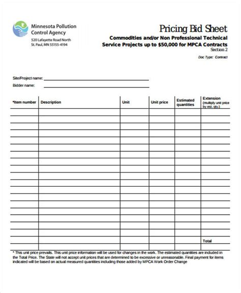 Free 10 Bid Sheet Templates In Pdf