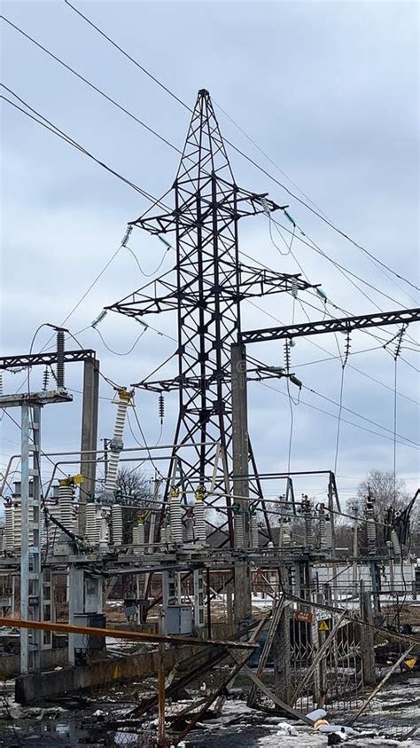 High Voltage Transmission Lines At An Electrical Substation Stock