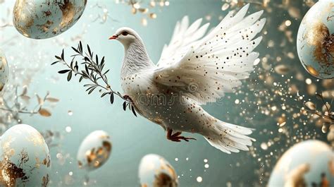 White Dove Carrying Olive Branch Flying Among Easter Eggs Symbolizing