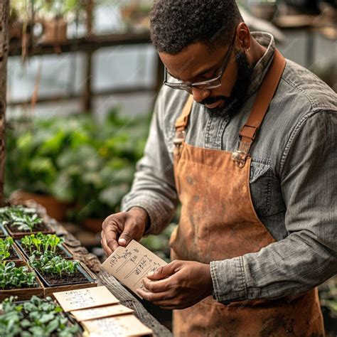 A Gardener Labeling Seed Packets With Detailed Information Including