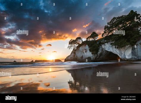 Cathedral Cove With Reflection At Sunrise Coromandel Peninsula New