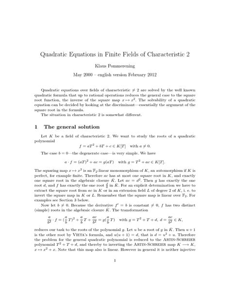 Quadratic Equations In Finite Fields Of Characteristic 2 1 The General Solution Pdf Field