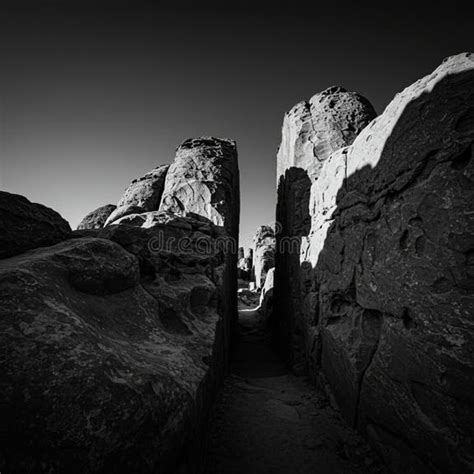 Narrow Passageway Between Towering Rock Formations In A Black And White
