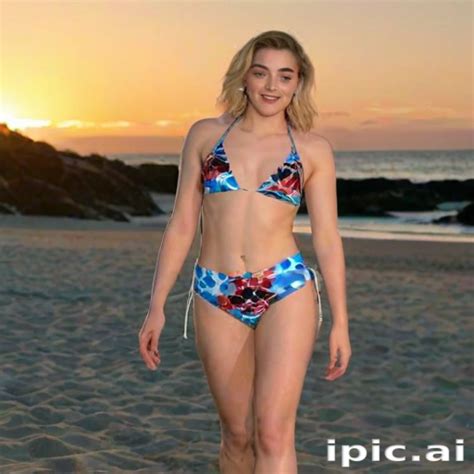 Young Woman In Colorful Bikini Walking Along The Beach At Sunset