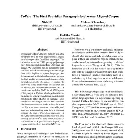 Copara The First Dravidian Paragraph Level N Way Aligned Corpus Acl Anthology
