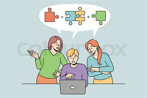 Team Work On Computer Finding Solution Stock Vector Colourbox