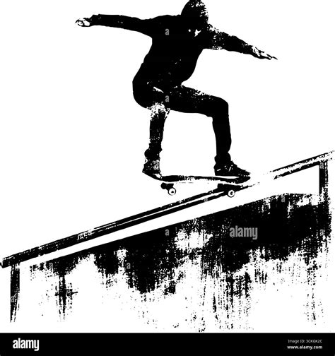 Grunge Black And White Skateboarder Silhouette Performing Trick On Ramp For Urban Design Stock