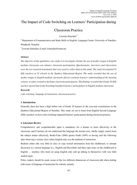 Pdf The Impact Of Code Switching On Learners Participation During Classroom Practice