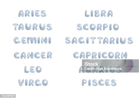 손으로 쓴 별자리의 수채화 그림 양자리 황소 자리 쌍둥이 자리 암 레오 처녀 자리 천칭자리 전갈자리 궁수자리 염소 자리 물병자리 흰색 배경에 물고기 자리 조디악 기호 이름