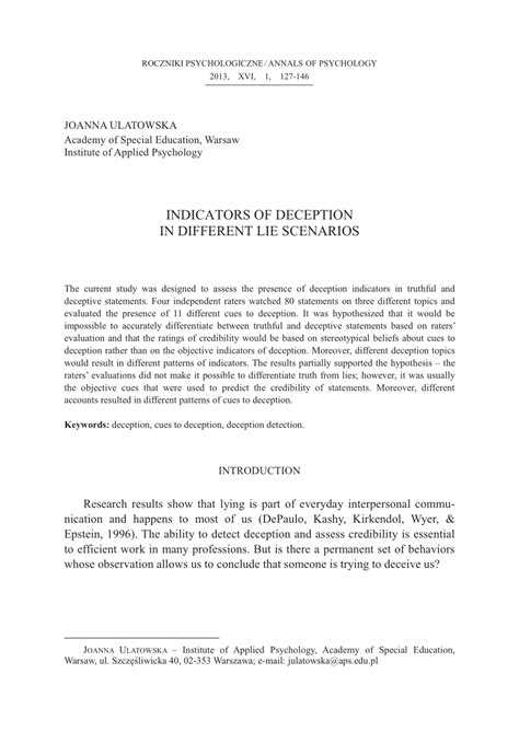 Pdf Indicators Of Deception In Different Lie Scenarios