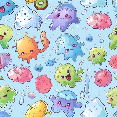 Seamless Pattern Of Cute Stylized Germs With Soap And Water For