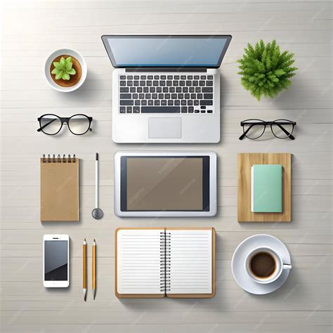 Realistic Top Down View Of Office Desk Stationery Premium Ai