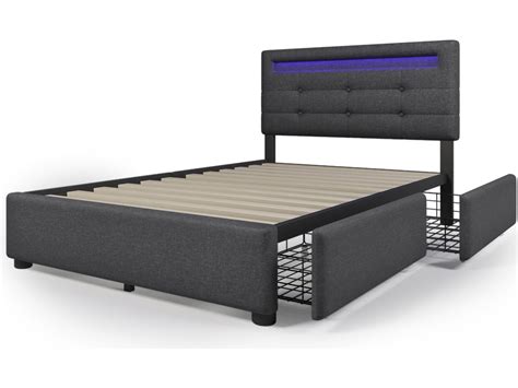 Gestoffeerd Eenpersoonsbed Met Led Bedframe En 2 Lades 90x200 Cm Grijs