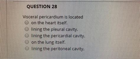 Solved Question 28 Visceral Pericardium Is Located On The