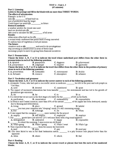Test 4 Unit 1 2 45 Minutes Pdf