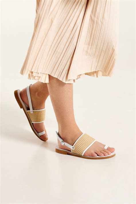 Flat Leather Slingback Sandals In White With Straw And Ankle Strap