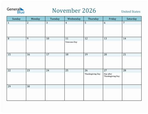 United States Holiday Calendar For November 2026