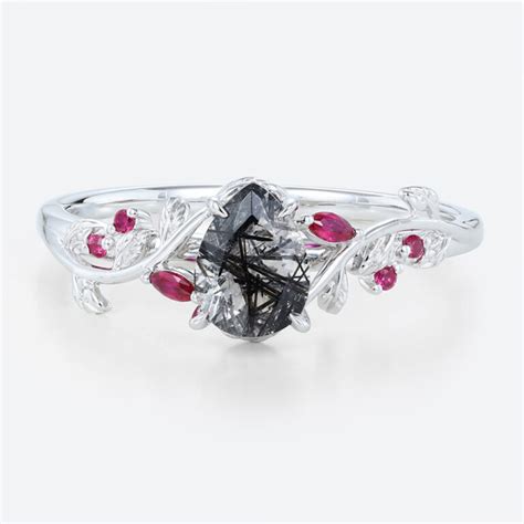 Pear Black Rutilated Quartz Botanical Ring With Ruby Accents