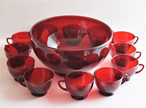 Ruby Red Punch Bowl Set 13 Pieces 1 Large Bowl And 12 Cups Anchor Hocking Etsy