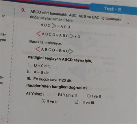 9 Test 2 X Abcd Dört Basamaklı Abc Acb Ve Bac üç Basamaklı Doğal Sayılar Olmak üzere Abc
