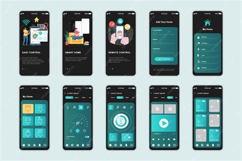 モバイル アプリ テンプレート Ui Ux Gui ユーザー インターフェイス キットのスマート ホーム コンセプト画面セット プレミアムベクター