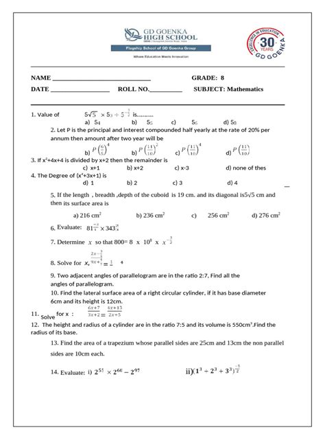 Grade 8 Maths Worksheet 1 Pdf