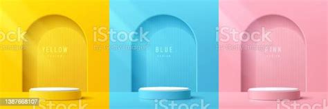 노란색 파란색 분홍색 및 흰색 실린더 받침대 연단 세트 아치 창 배경의 세로 텍스처입니다 추상 벡터 렌더링 3d 셰이프입니다 파스텔 제품 디스플레이를 위한 최소한의 장면