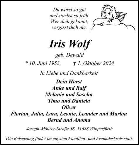Traueranzeigen Von Iris Wolf Wirtrauern