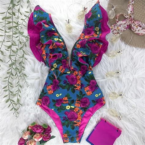 New Sexy Ruffle Print Floral One Piece Swimsuit Off The Shoulder Swimw